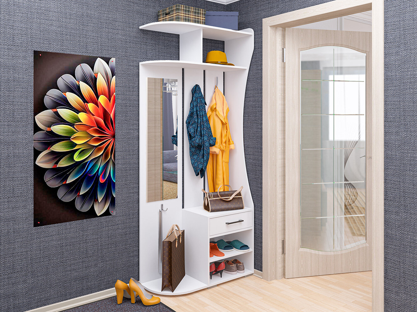 Прихожая МК Пирамида ПР-02, с зеркалом, ЛДСП, цвет белый, 212x90x37 см