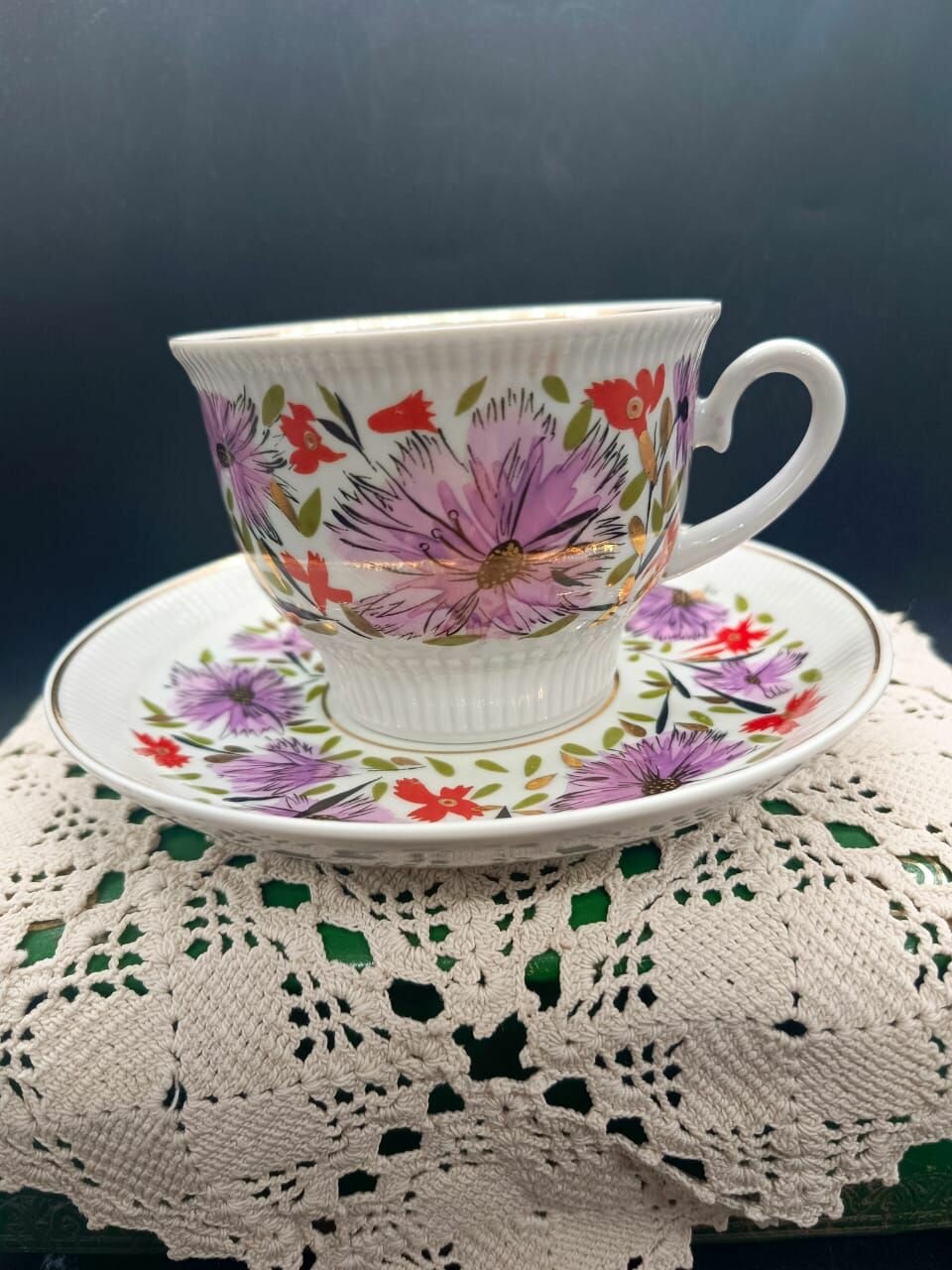 Чайная пара с цветочной росписью винтажная советская фарфор, ЛФЗ СССР