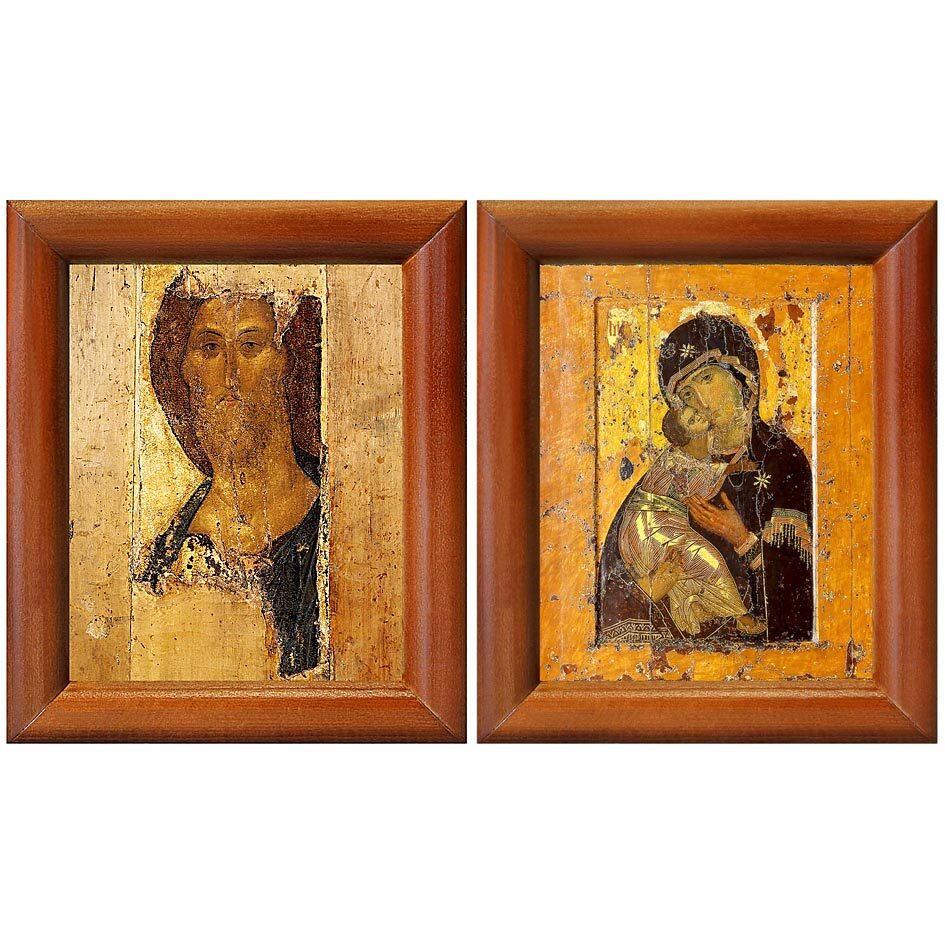 Венчальная пара "Спас Вседержитель (Андрей Рублев, 1410 г) - Владимирская икона Божией Матери (XII в)", две иконы в деревянных рамках 8*9,5 см