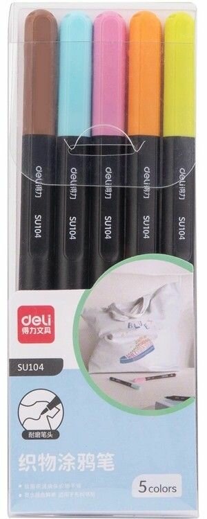 Фломастеры для ткани Deli круглые, 5цв. пастельные цвета, ПВХ-бокс