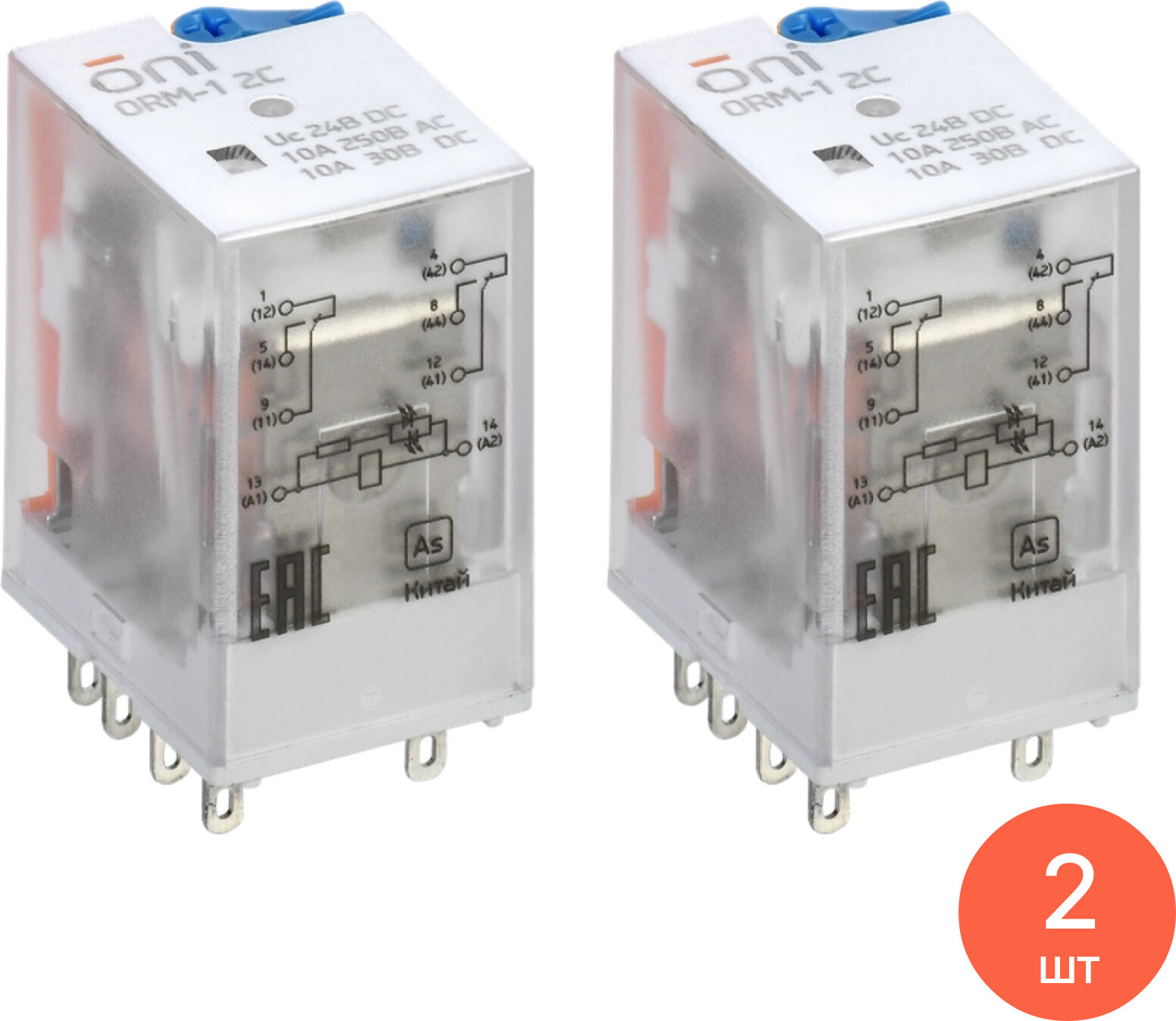 Реле интерфейсное ONI / ОНИ ORM-1 со светодиодом и тестовой кнопкой, 27x36x21мм, 2C 24В DC, ORM-1-2C-DC24V-L-B / электрика (комплект из 2 шт)