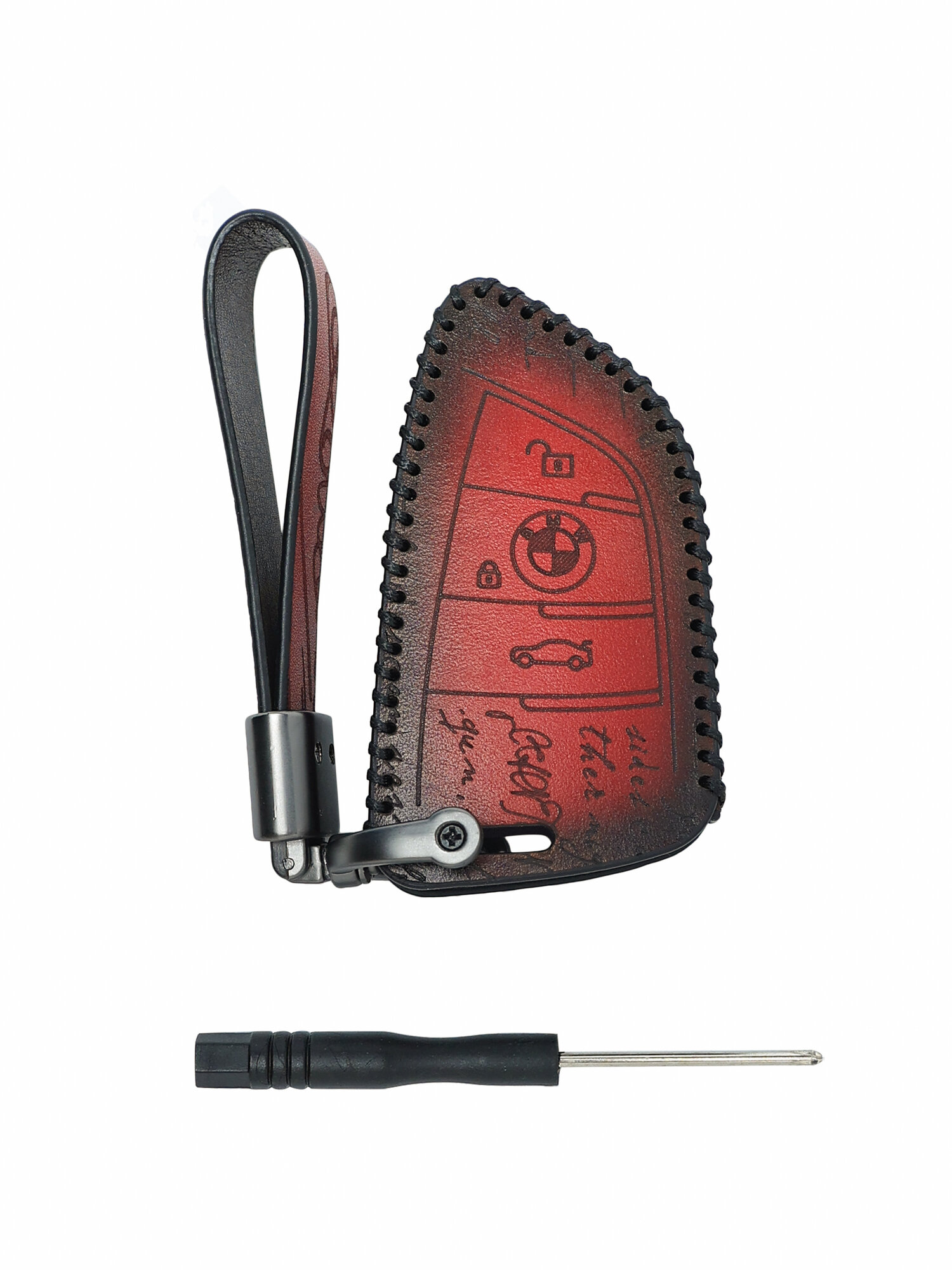 Чехол для автомобильного ключа BMW (БМВ) Цвет Красный Нить Черная