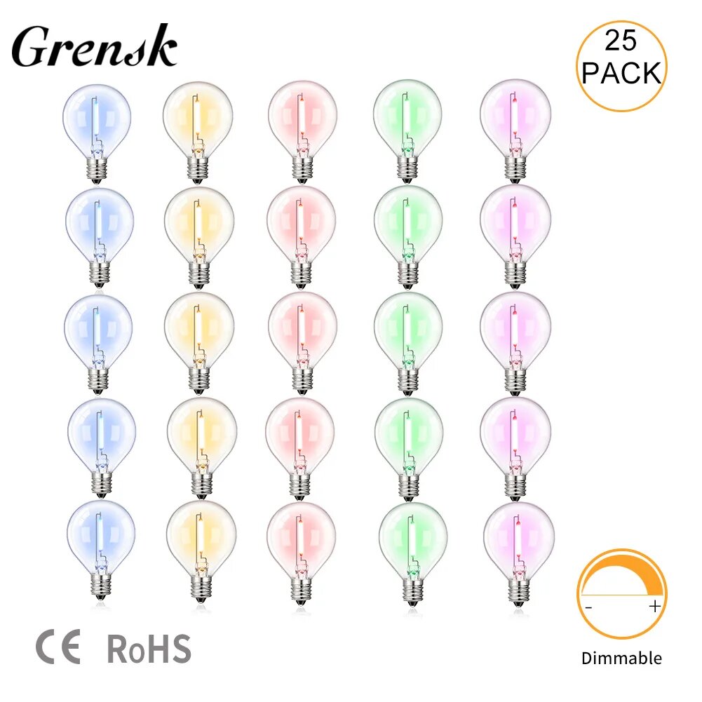 Grensk Светодиодная лампочка G40 RGB, E12, 1Вт 25pcs mix color bulb, E12 110V