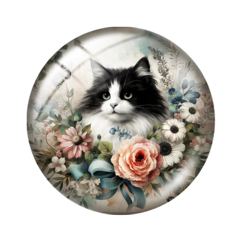 Черно-белый стеклянный кабошон для бижутерии Cat 10 шт. 18 мм, 10pcs-BG6058-10