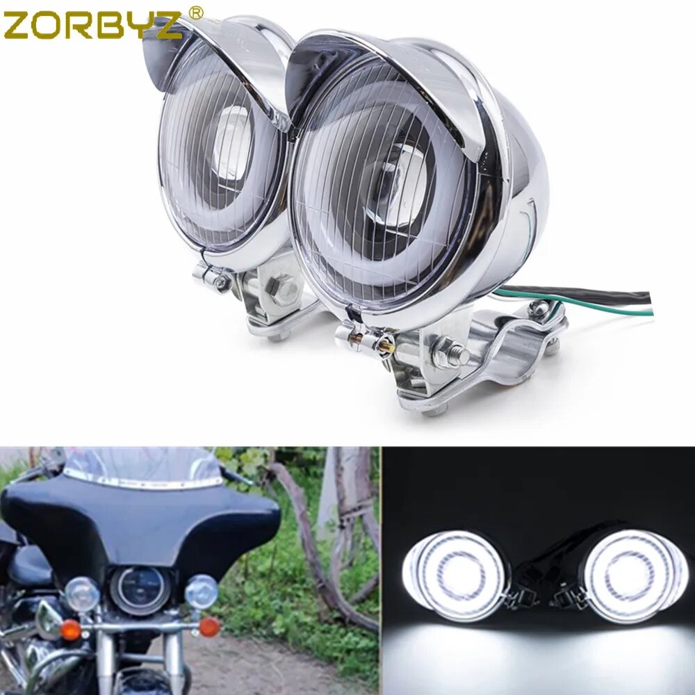 ZORBYZ мотоциклетный Хромированный Светодиодный проходящий точечный противотуманный фонарь ангельский глаз свет с рулоном клетка защитная труба Монтажный кронштейн зажим