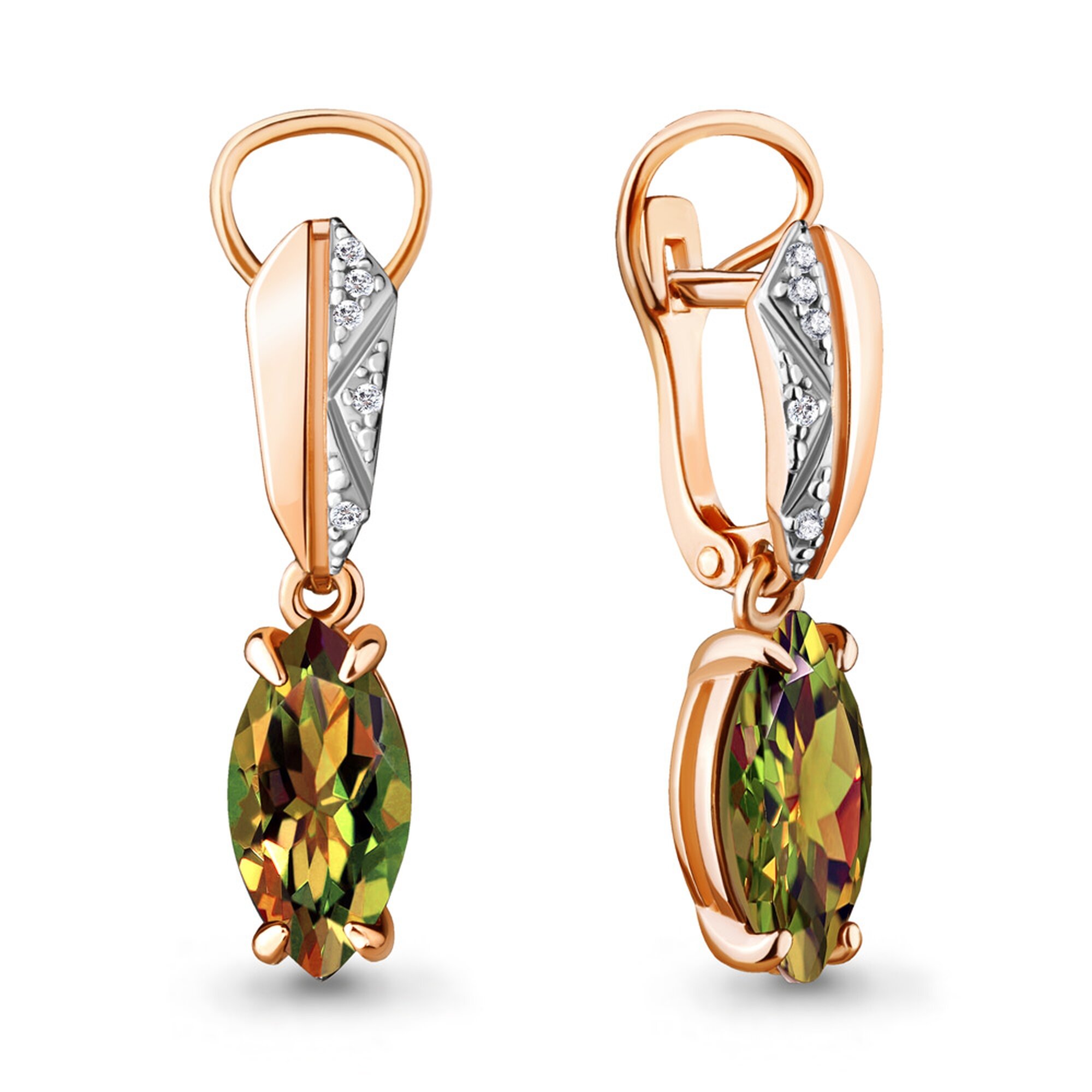 Серьги, серебро, 925 проба, золочение, фианит, султанит