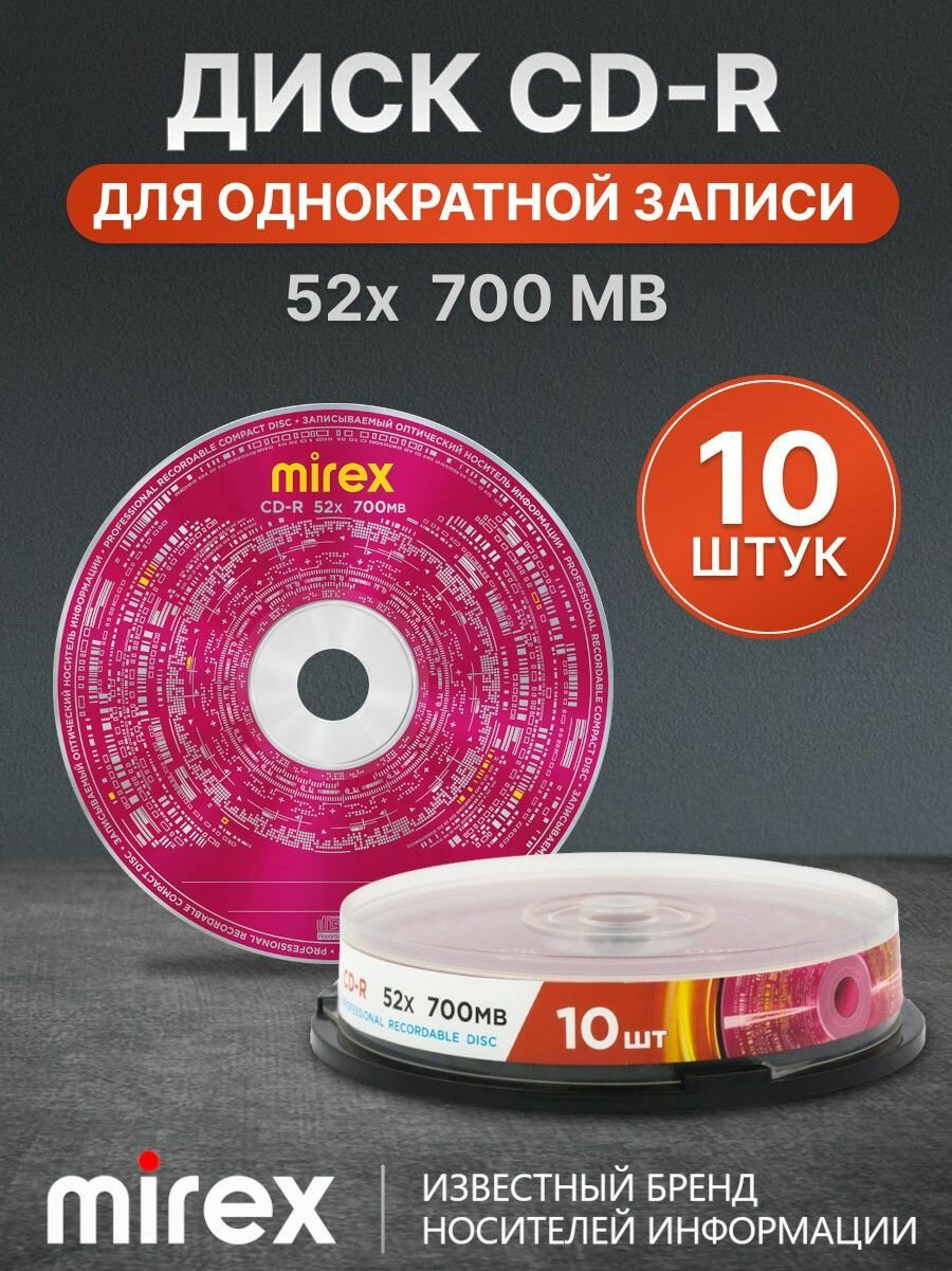 Диски для записи CD-R Mirex 52X 700MB Cake box 10 шт