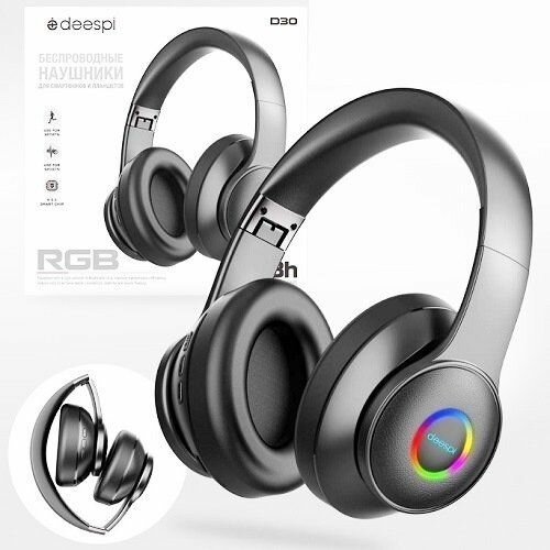 Гарнитура Полноразмерные беспроводные наушники Deespi D30 black черные с радио RGB подсветкой и кнопками управления