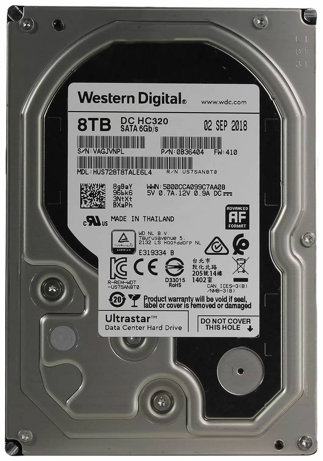 3.5" жесткий диск WD Ultrastar DC HC320 (HUS728T8TALE6L4) 8ТБ, 7200Об/мин, 256МБ