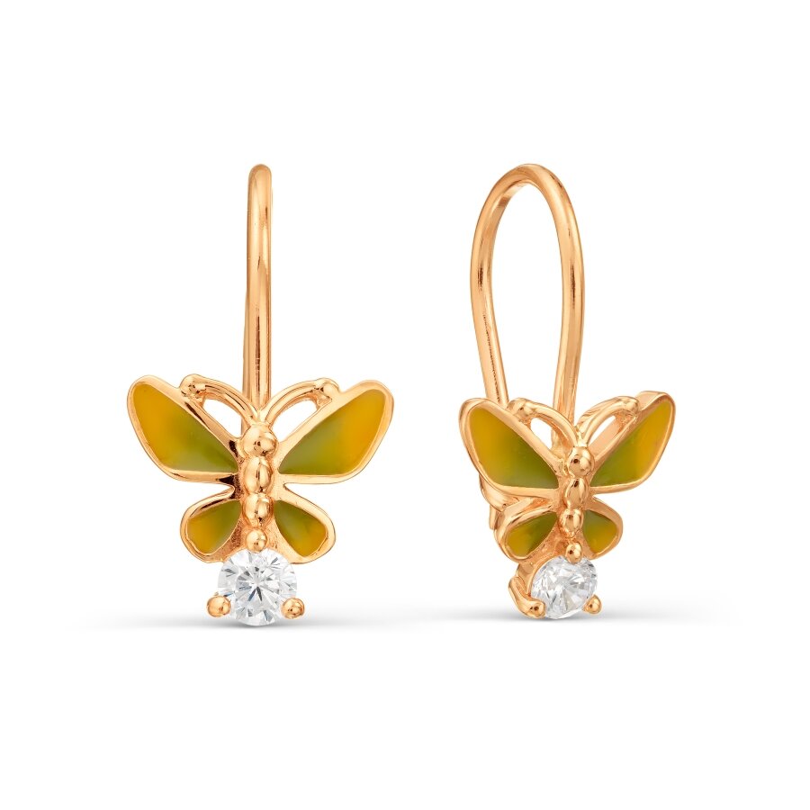 Серьги, красное золото, 585 проба, бронзирование, фианит, эмаль