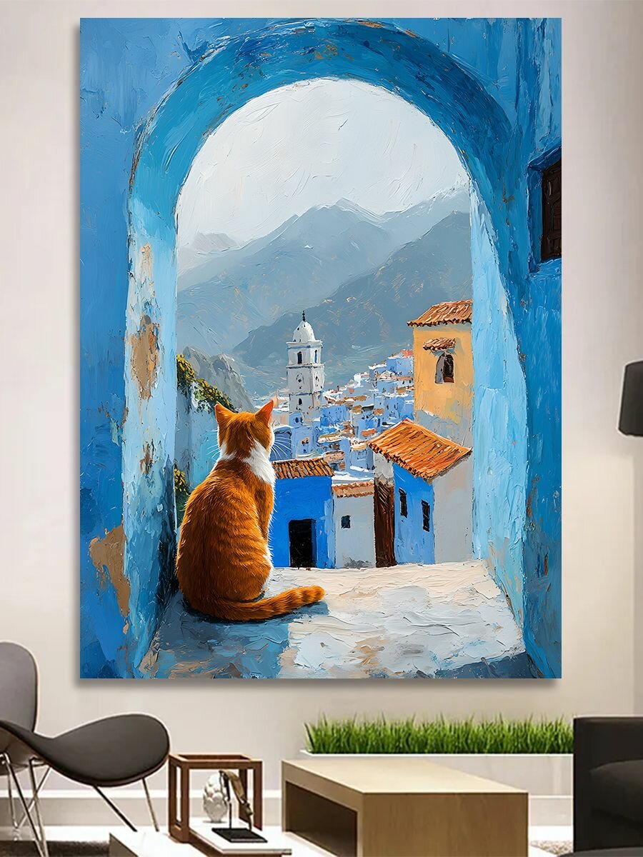 Коты / городской пейзаж, картина с котом /с природой, картина на холсте, 50х70 см.