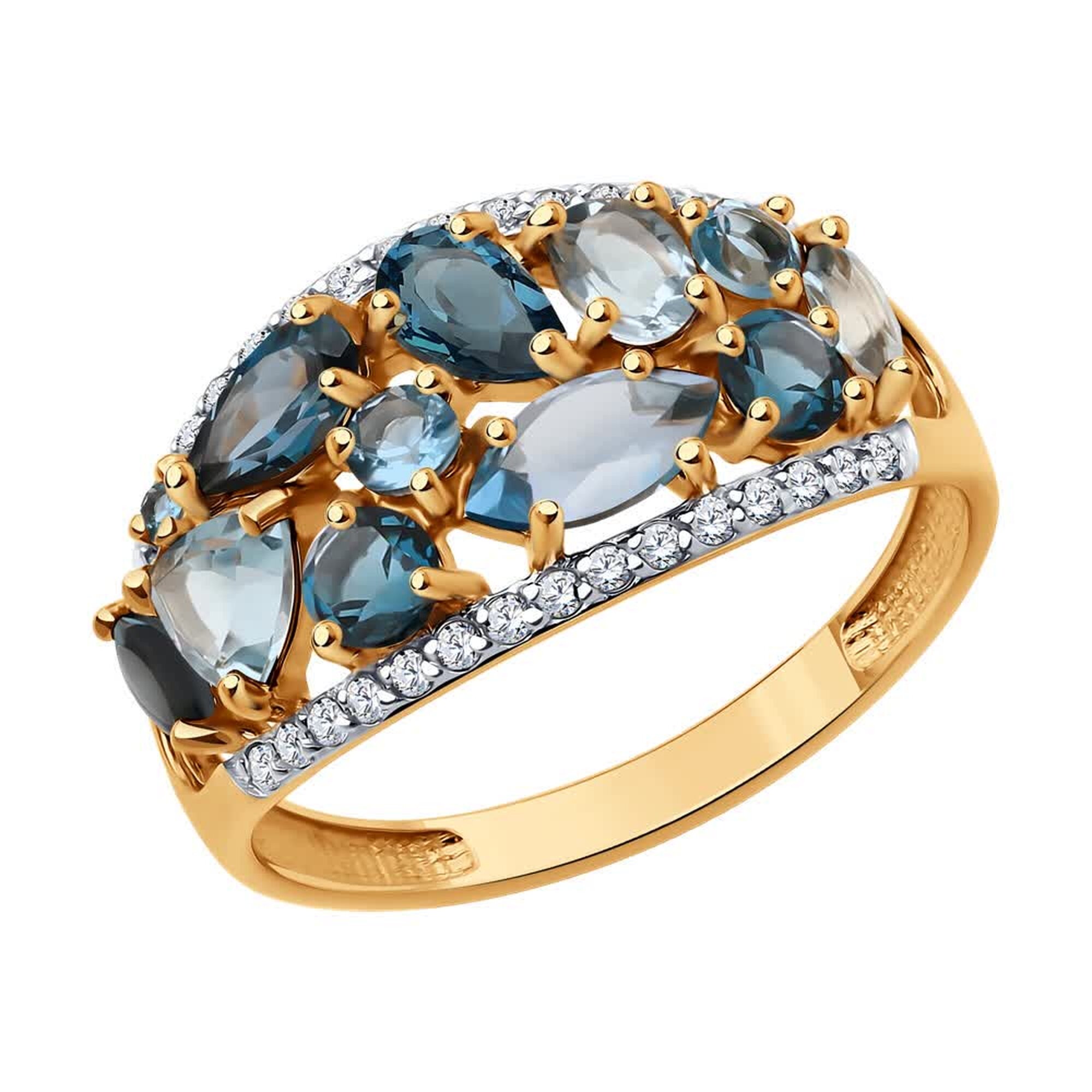 Кольцо, красное золото, 585 проба, Лондон топаз, топаз, фианит