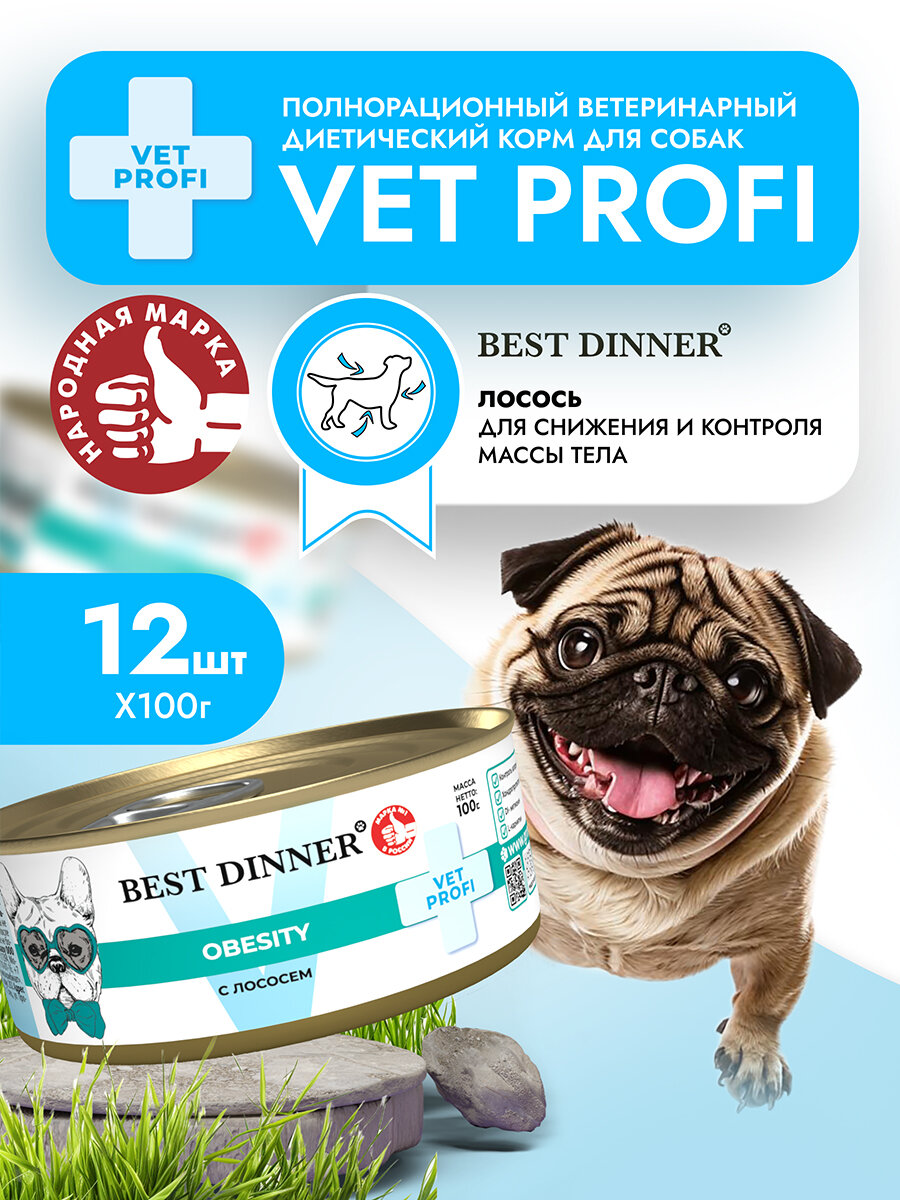 Влажный диетический корм Best Dinner Vet Profi Obesity для собак для снижения избыточной массы тела Лосось (12 х 100гр)