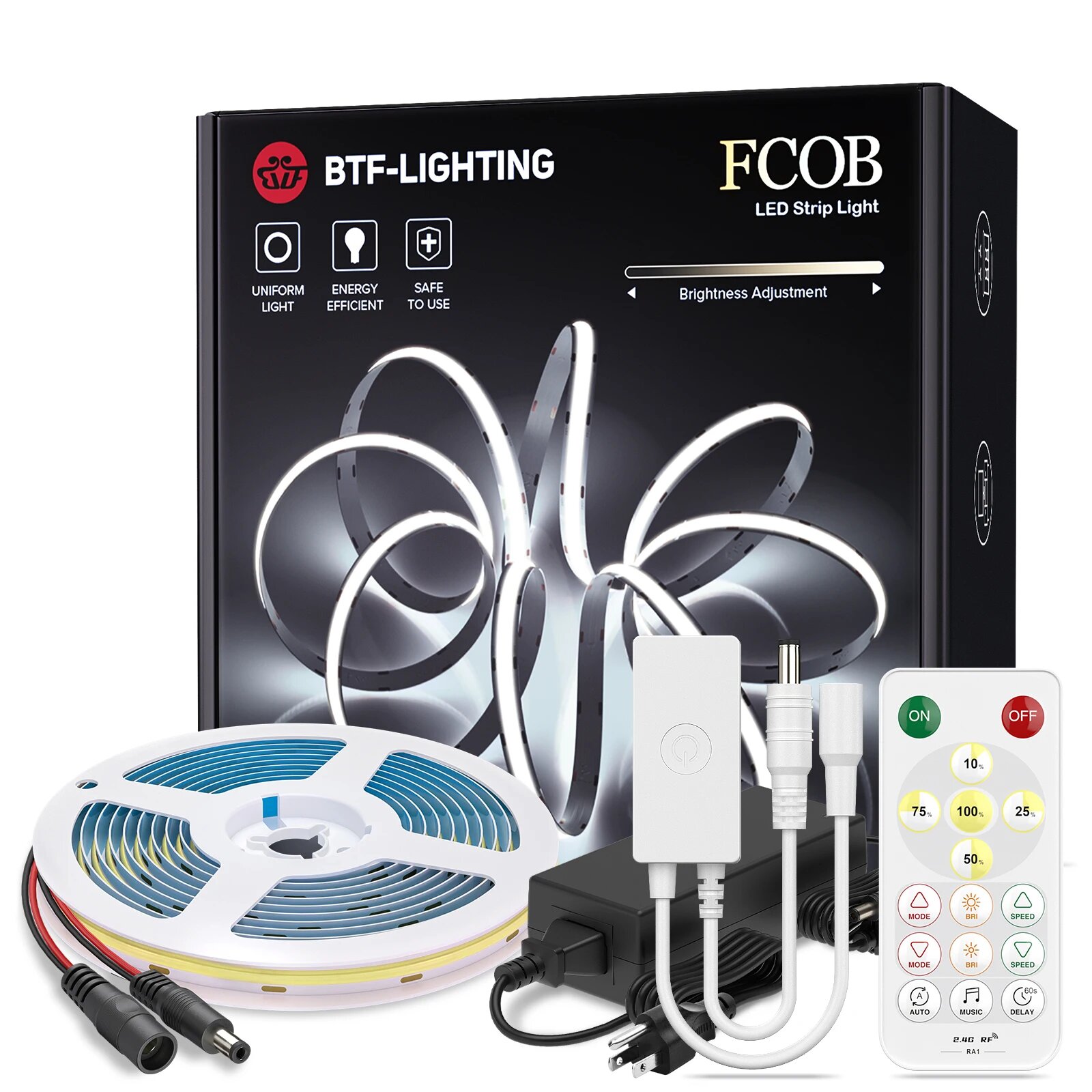 BTF-LIGHTING LED лента FCob, 5m, Cool White, 24V, EU Plug