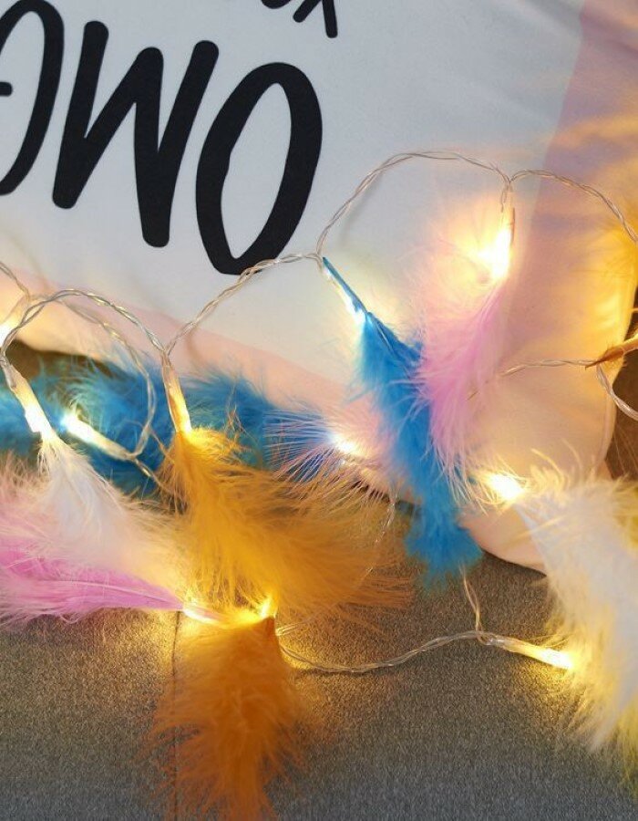 Гирлянда декоративна, украшение для дома, светодиодная, разноцветные перья, 3 метра