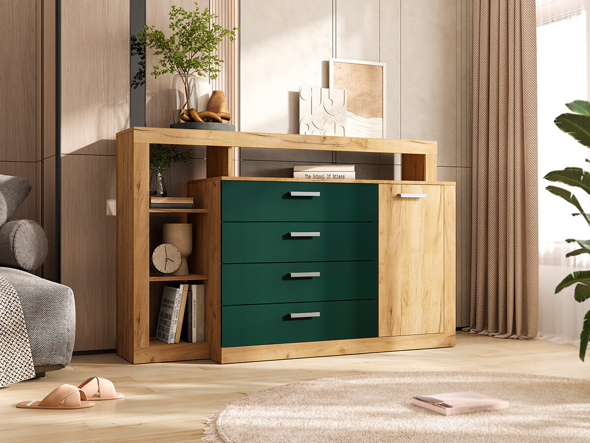 Комод с ящиками и полками Ангара, в цвете: Изумрудный, Дуб крафт