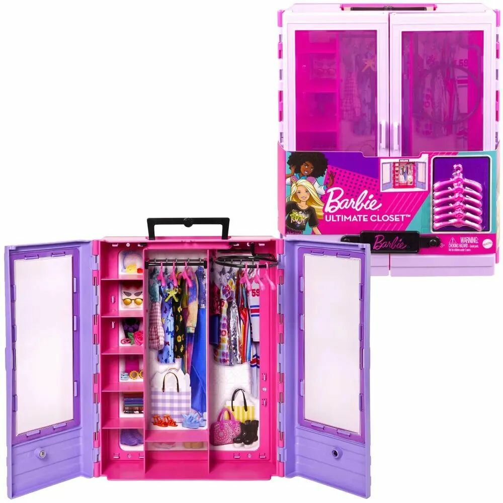 Новый розовый гардероб Barbie Переносной шкаф и шесть вешалок в комплекте HJL65