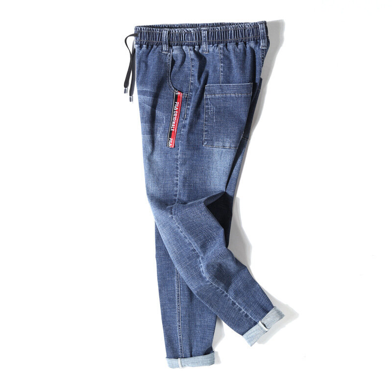 Охоты Брюки JYL Чистый цвет Четыре сезона лент. декор. джинсы муж. свободн. прямой япон. джинсы муж. плус толст. размер эластич. пояс штаныСиний/M