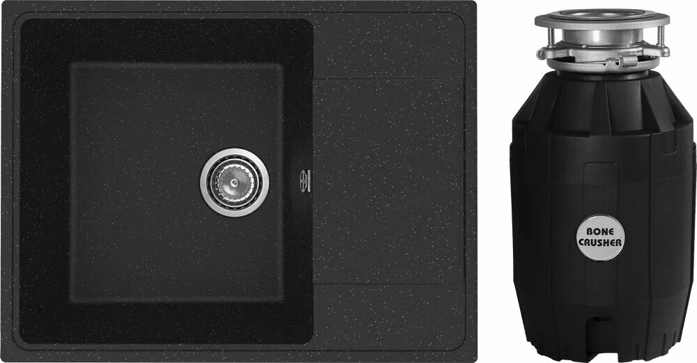 Комплект Мойка Practik PR-M 650-004 65x49, черный оникс, искусственный мрамор / Измельчитель Bone Crusher BC 810-AS электрический, нержавеющая сталь