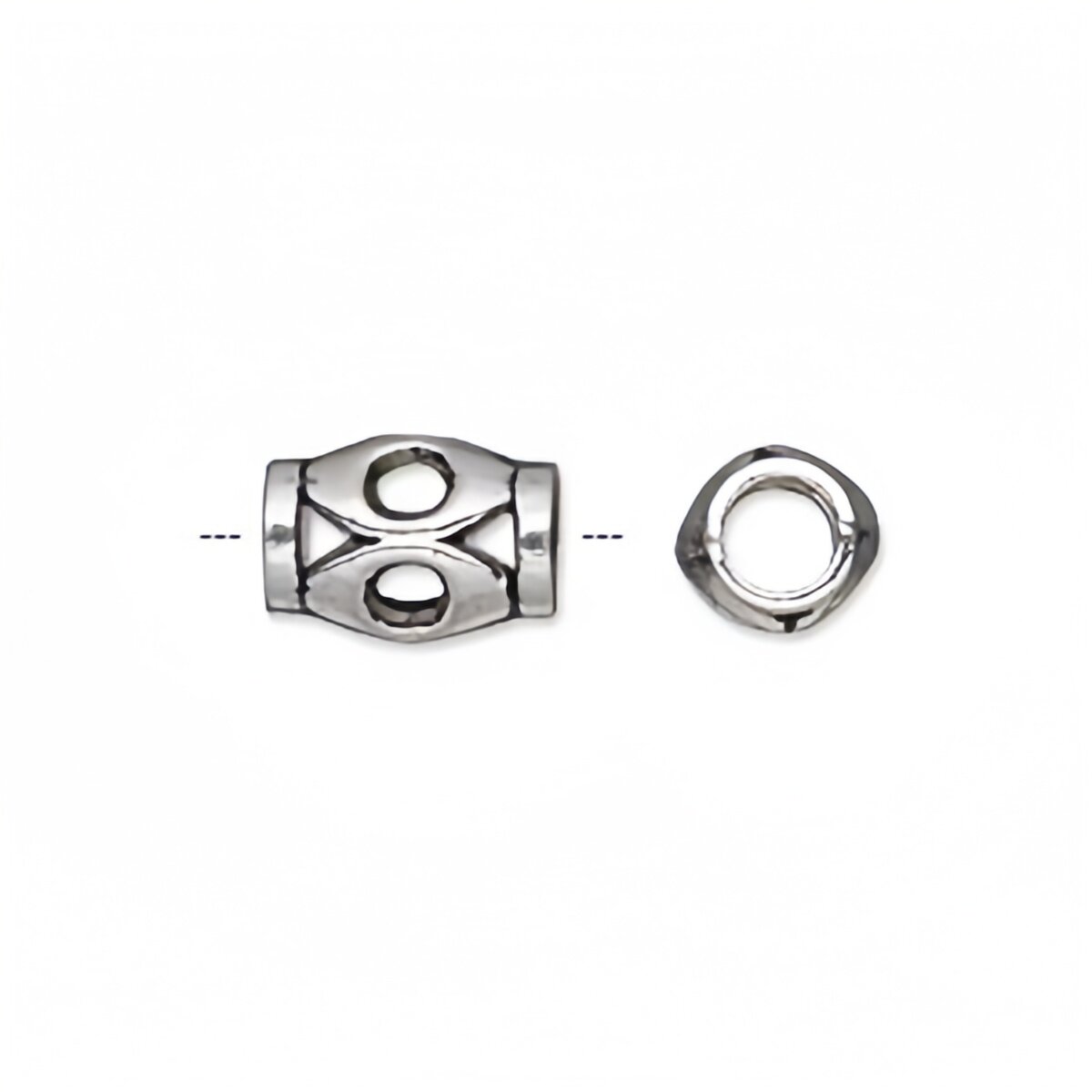 Бусина металлическая 12х8мм, трубочка, дутая, с отверстиями, базовый материал - цинковый сплав, посеребренная с чернением, 5 шт.