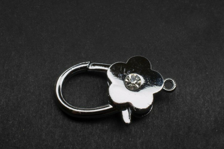 Замок-карабин Цветок со стразом 34х19х11мм, отверстие 2мм, цвет платина, сплав металлов, 07-021, 1шт