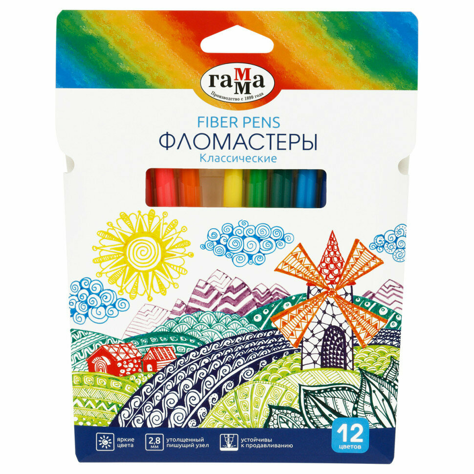 Фломастеры Гамма "Классические", 12цв, смываемые, картон. упак, европодвес, 356543