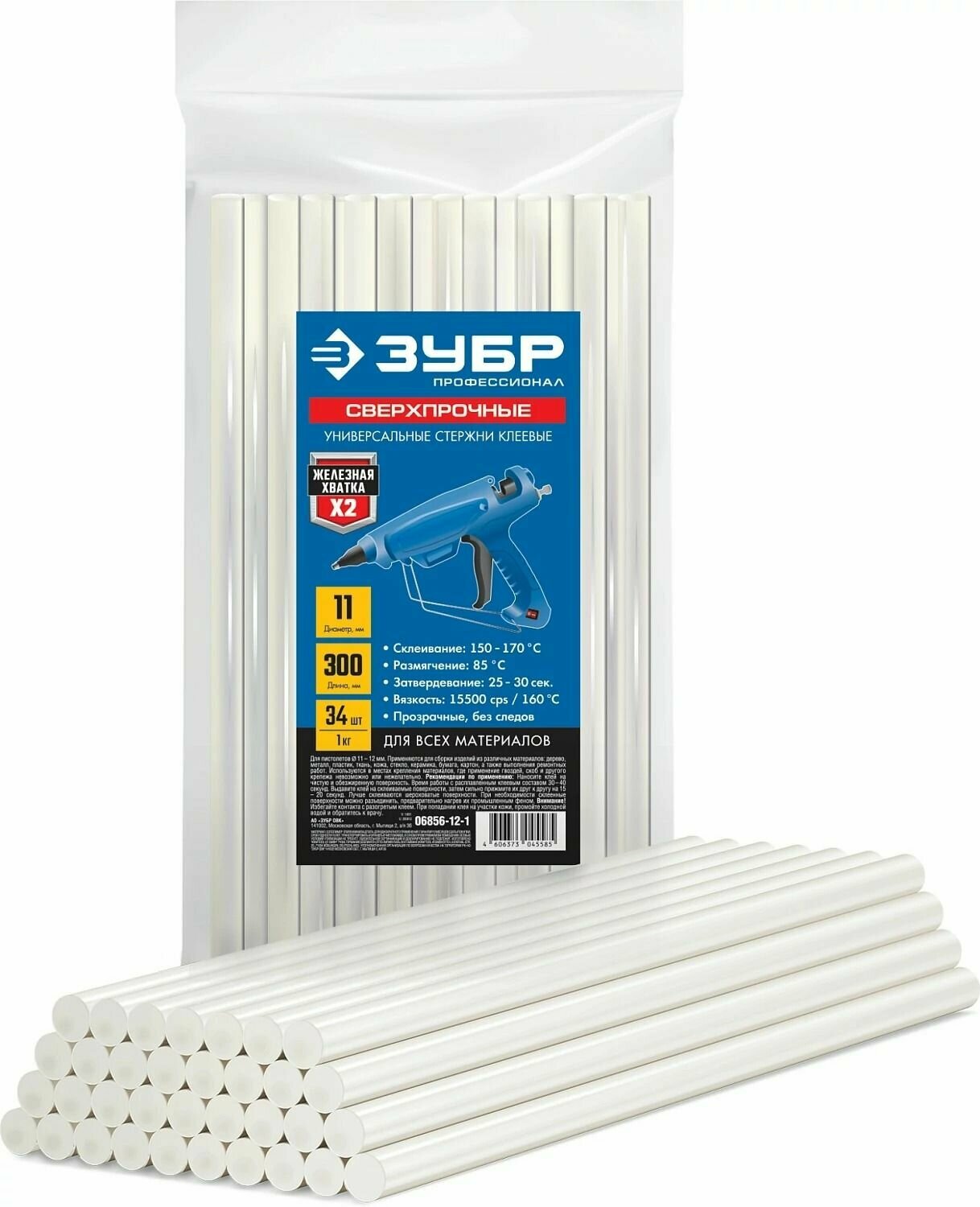 Стержни клеевые для термоклеевых пистолетов 06856-12-1 Профессионал, ЗУБР 34 шт, 11х300 мм.