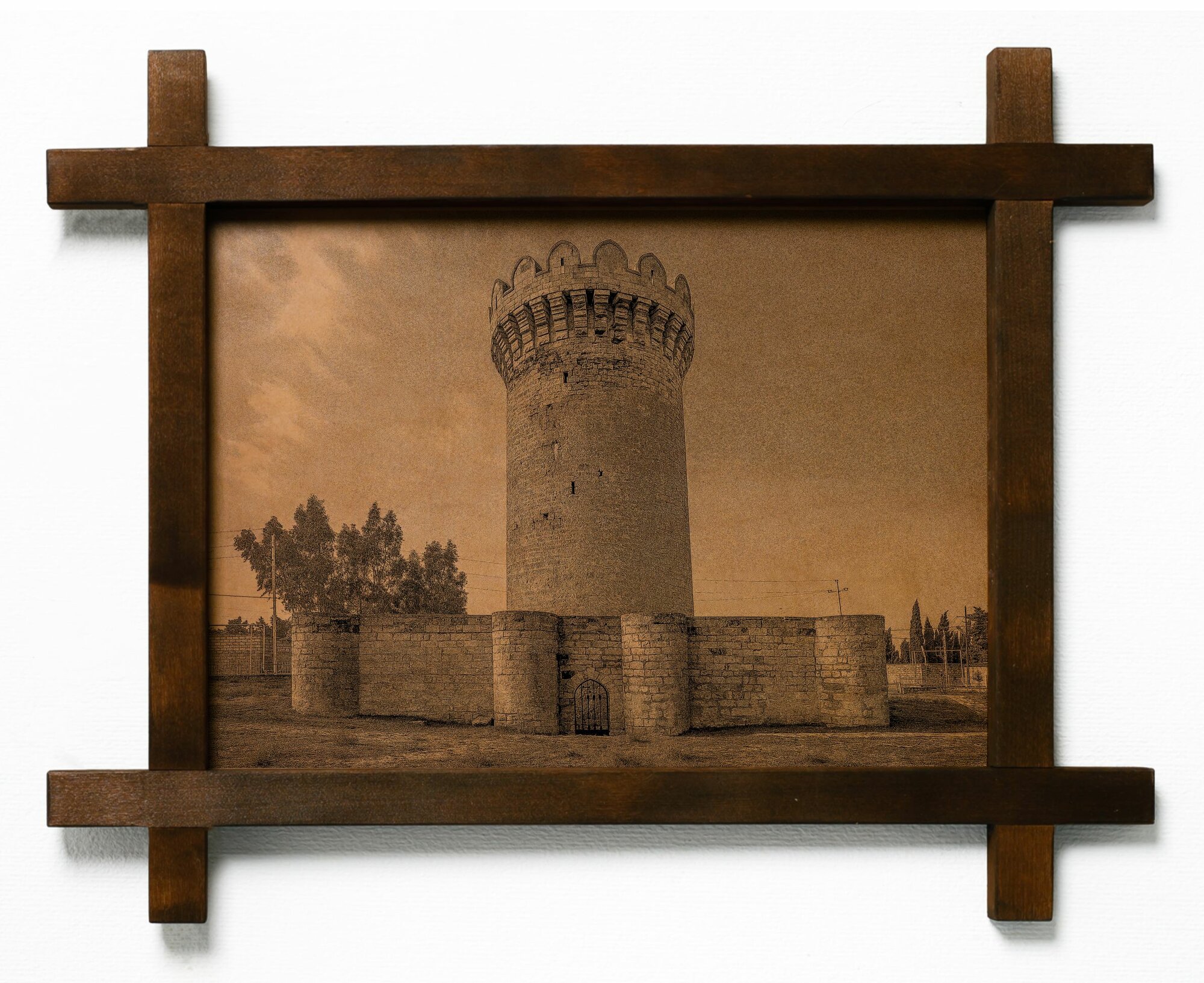 Картина интерьерная, натуральная кожа, "Круглый замок" (Азербайджан), в деревянной раме, BoomGift