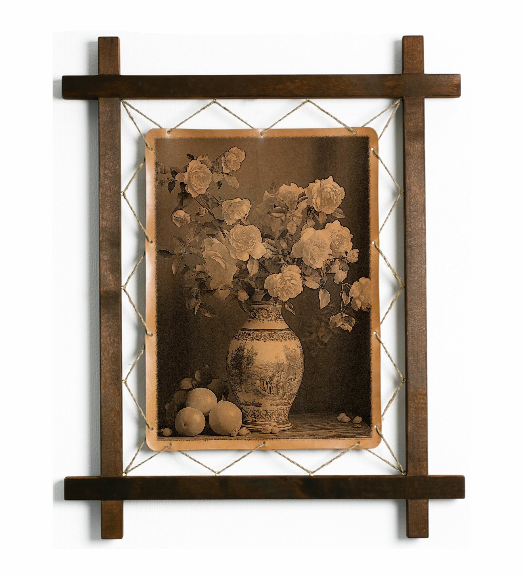 Интерьерная картина из натуральной кожи "Цветущие розы", декоративное настенное панно в деревянной раме, BoomGift