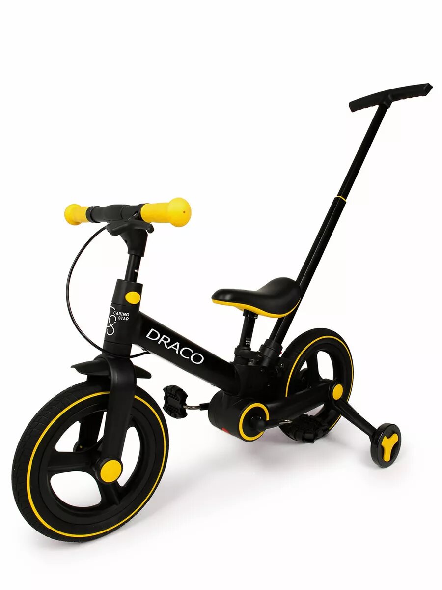 Велосипед CARING STAR "DRACO", детский, с родительской ручкой, 1 скорость, желтый