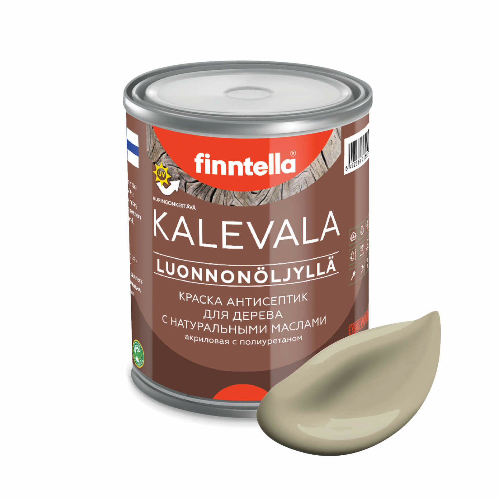 Краска для дерева и деревянных фасадов FINNTELLA KALEVALA, с натуральным маслом и полиуретаном, цвет VUORI (бежевый хаки) , 0,9л