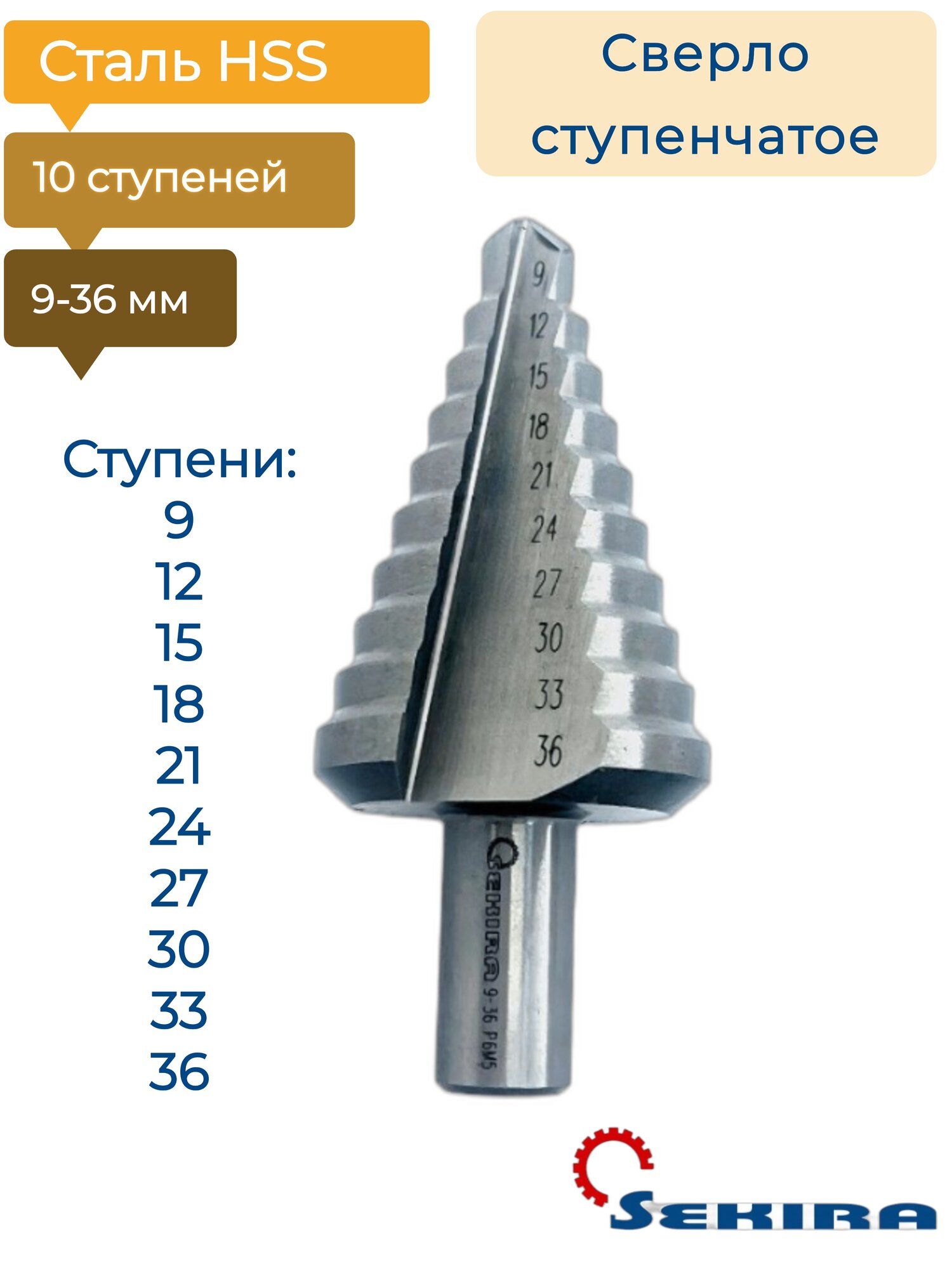 Сверло ступенчатое по металлу, 10 ступеней, 9-36 мм, HSS, цилиндрический хвостовик Sekira