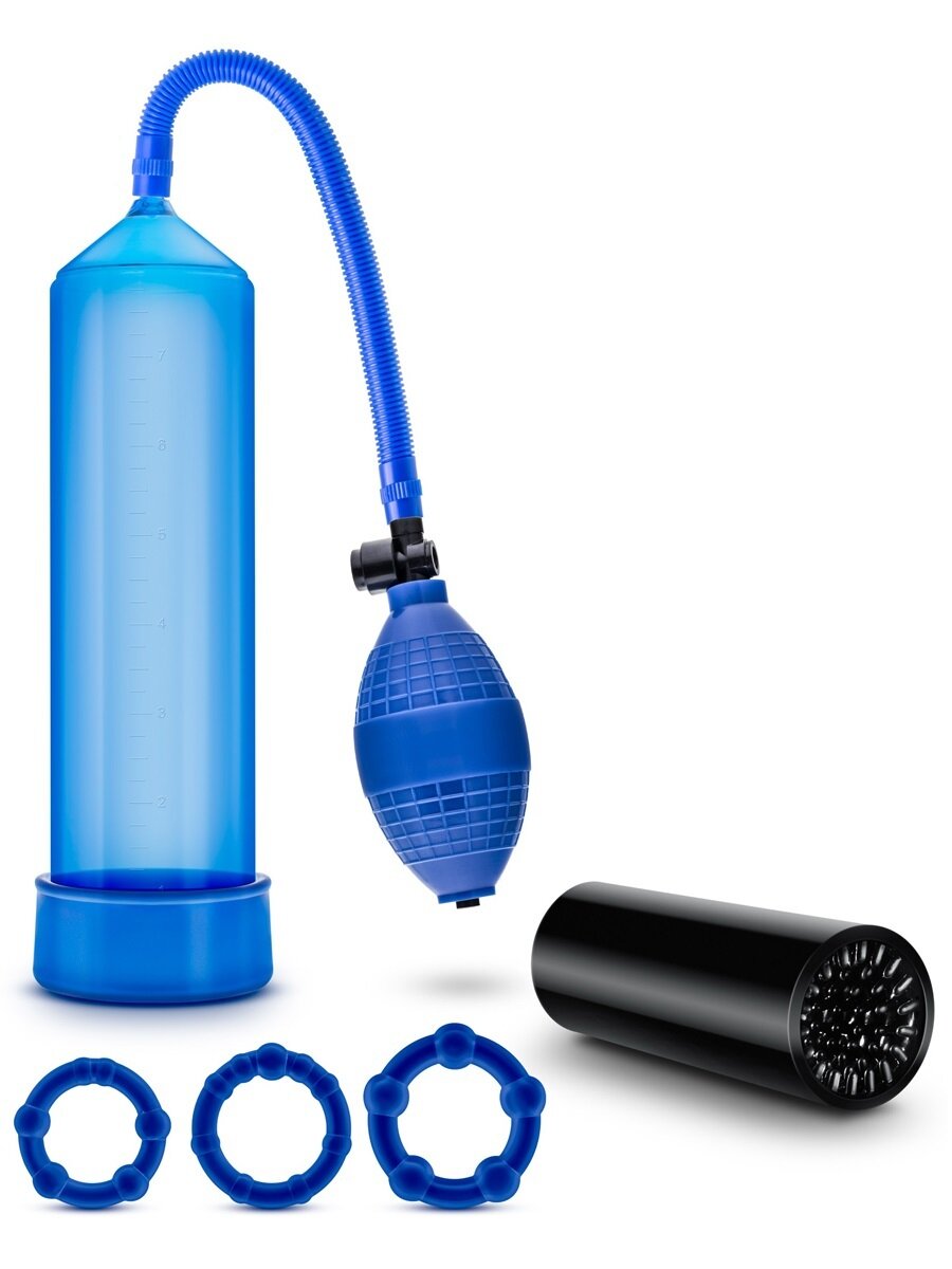 Эротический набор: мужская вакуумная помпа для пениса, 3 эрекционных кольца, мастурбатор "QUICKIE KIT GO BIG BLUE"