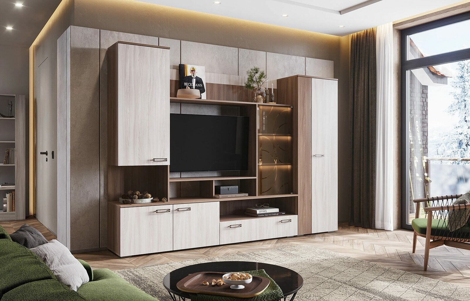 Стенка в гостиную «Сиенна» ЛДСП, шимо темный/шимо светлый (2600х414х1942)