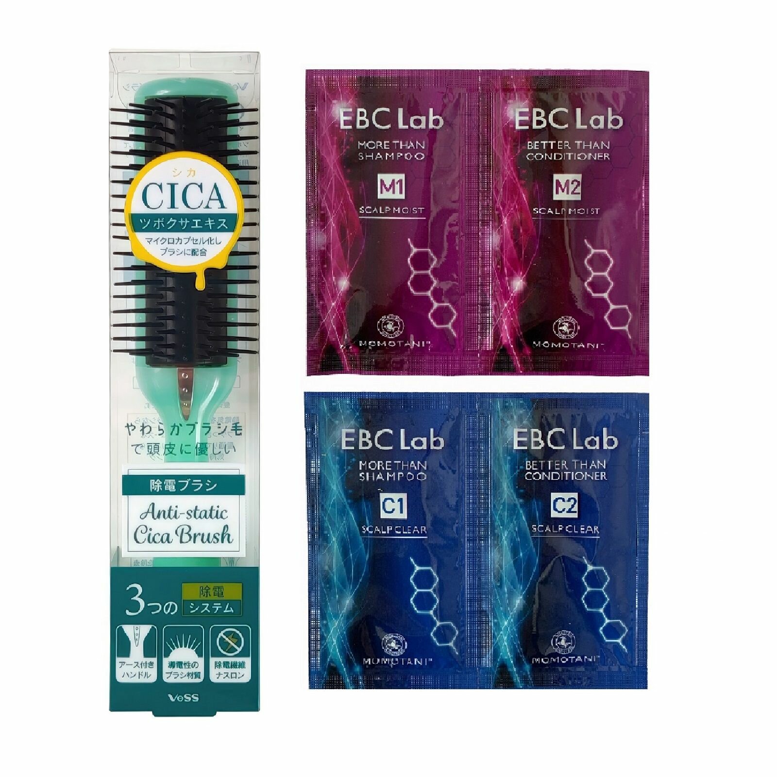 Vess Набор: Расческа с экстрактом центеллы и антистатическим эффектом (для сухих, поврежденных волос)+Увлажняющий шампунь и кондиционер для придания объема (для сухой и жирной кожи головы),4*10 мл