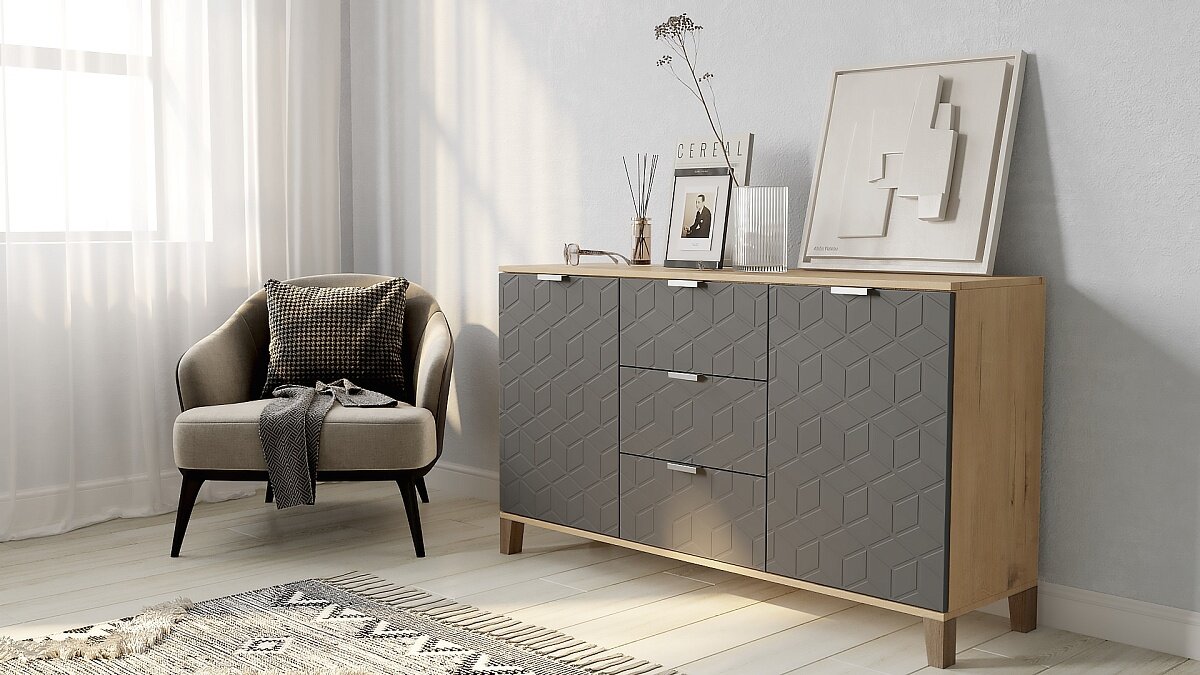 Комод МебельЛэнд24 Марвин Йорк - 4 Графит 140x40x80 серый двухдверный с 3 ящиками