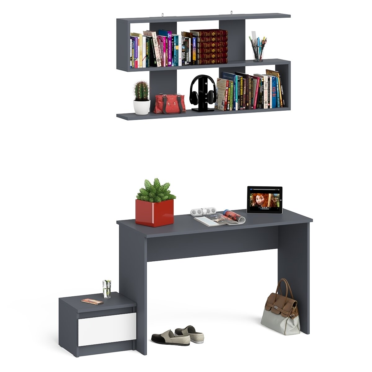 Стол письменный Мори МСП1200.1 + Тумба ТМП400.1 + Полка 1200, цвет графит/белый