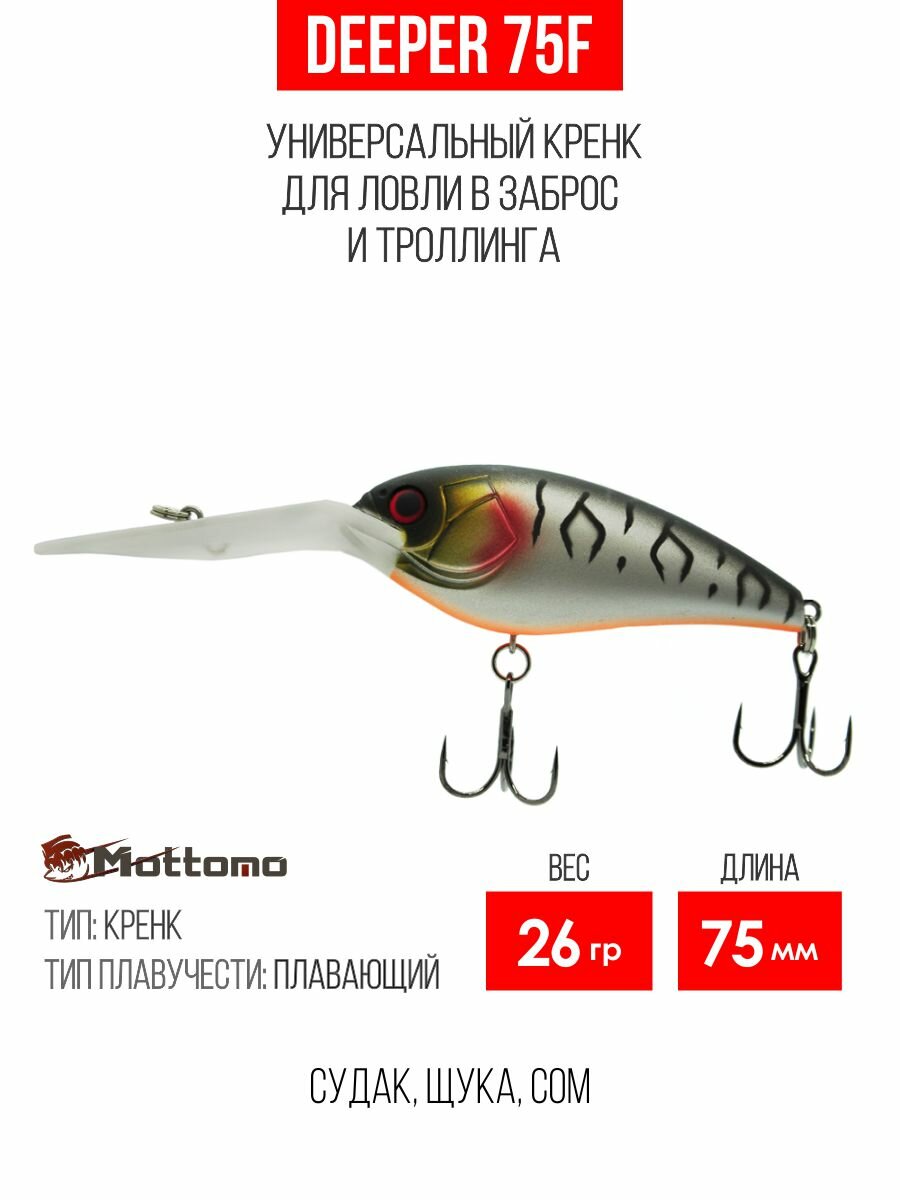 Воблер для рыбалки Mottomo Deeper 75F 26g, кренк плавающий для спиннинга, троллинга. Приманка на щуку, сома.