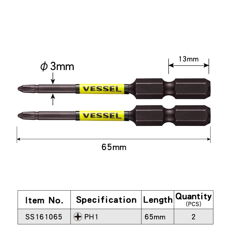 Набор отверток VESSEL длиной 65–150 мм с шестигранной головкой 1/4 No SS16 PH1, PH2