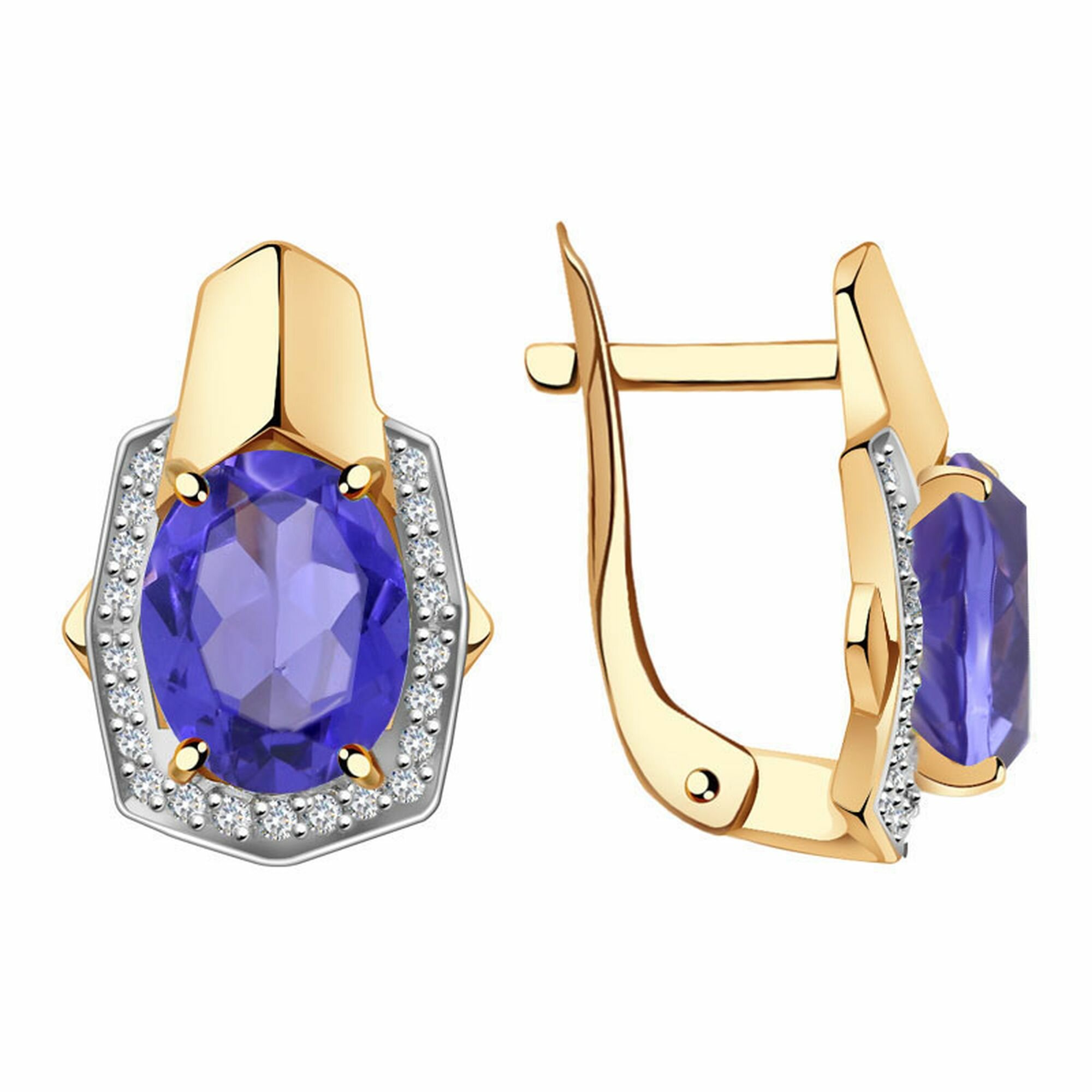 Серьги, красное золото, 585 проба, танзанит, фианит