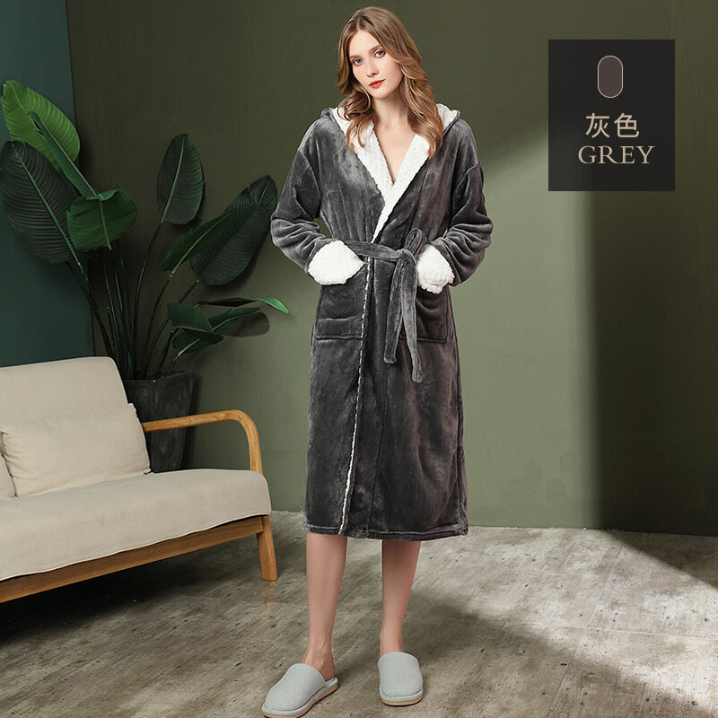 Женский зимний халат средней длины из утепленной фланели с капюшоном, милая пижама из кораллового флиса на осень, размер：S-XL
