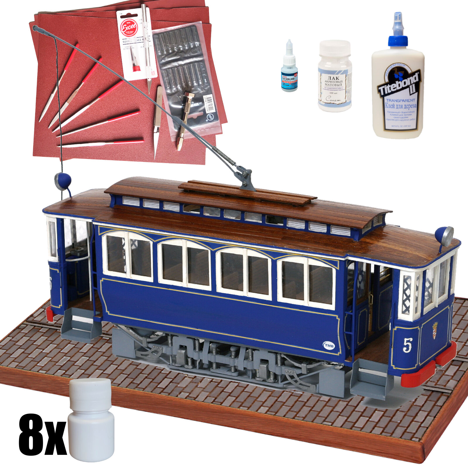 Сборная модель OcCre трамвай Tibidabo, 415х110х160 мм, М1:24, подарочный набор, подставка, инструмент, краски, лак, клея