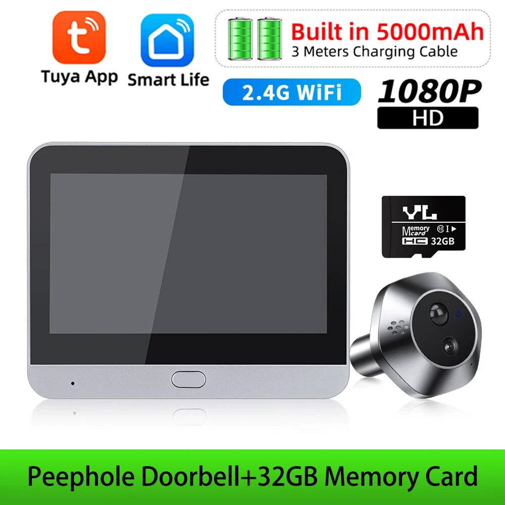 Elecpow Smart Tuya Wi-Fi дверная камера 1080P 4,3 дюйма Peephole 32GB Card