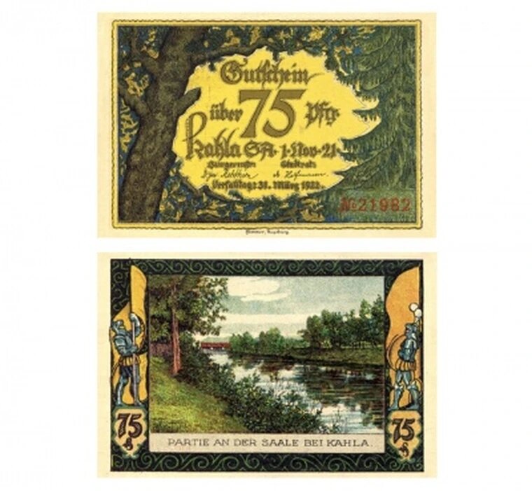 Нотгельд 75 пфеннигов 1922 Германия, Кала, вид 5, сувенирная копия, банкноты и купюры редкие коллекционные