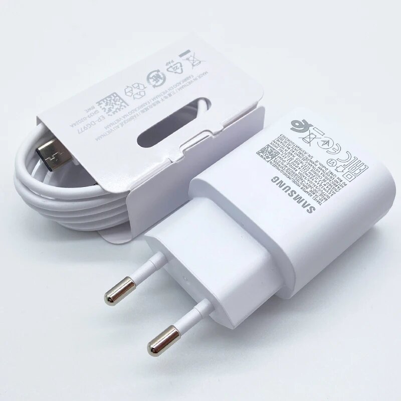 Супер быстрая зарядка Samsung PD 25 Вт, адаптер USB типа C для Galaxy S25 S24 S23 White EU and Cable