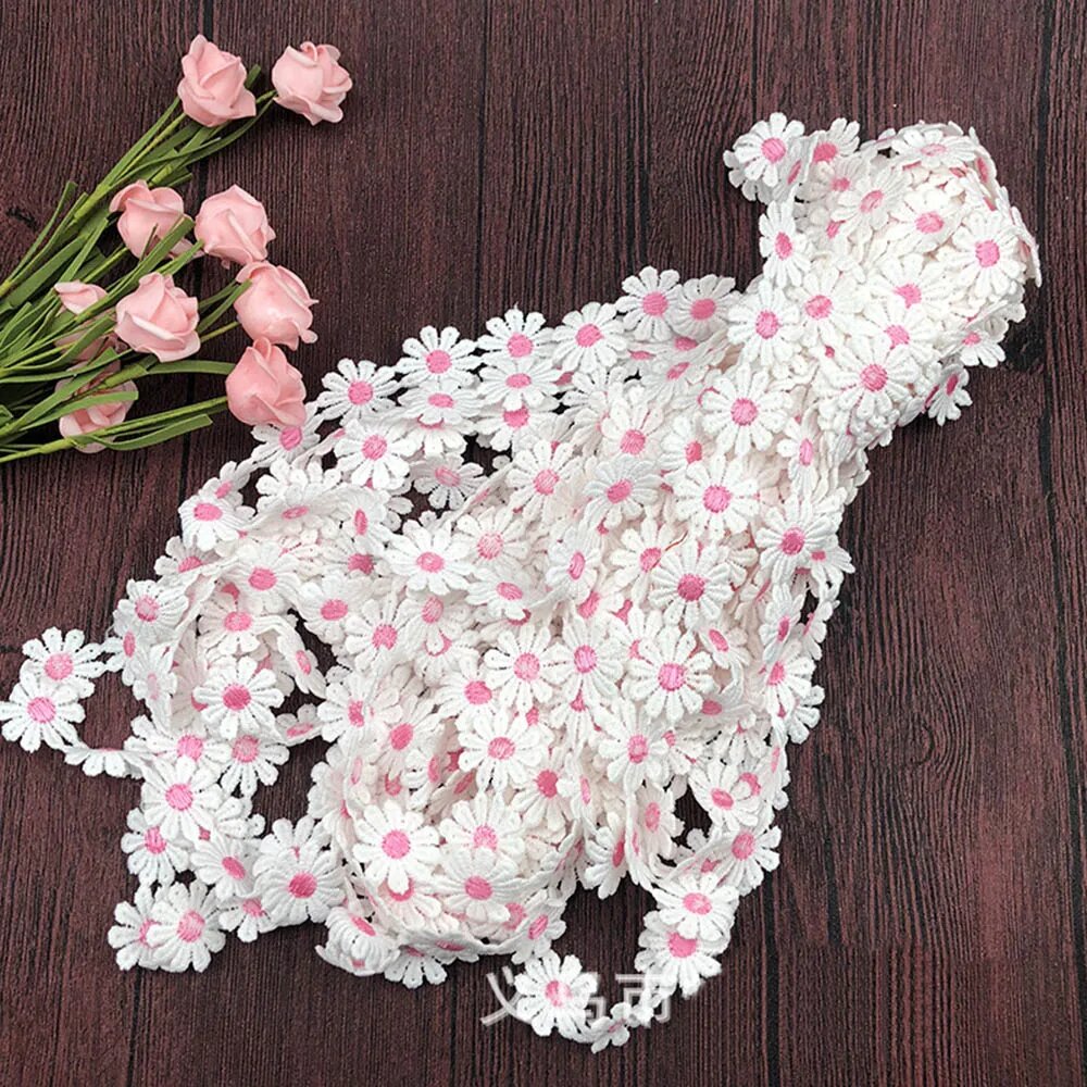 Кружевная лента белая с цветами, 2.3см, 1 Yard, Розовый