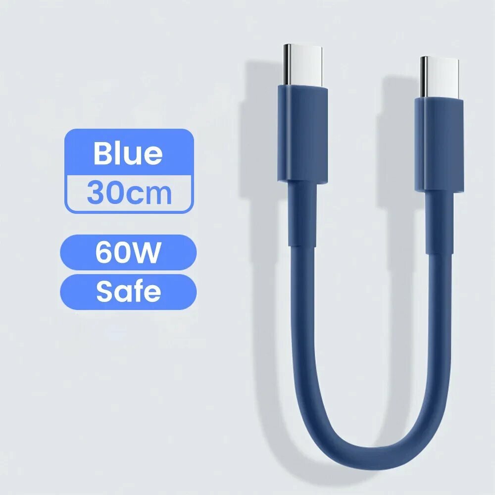 Короткий 30-сантиметровый кабель типа C — USB C для быстрой зарядки для Iphone15 Xiaomi Samsung Huawei Power BanK 25 см USB-кабель для передачи данных типа C/USB C A30cm 60w blue