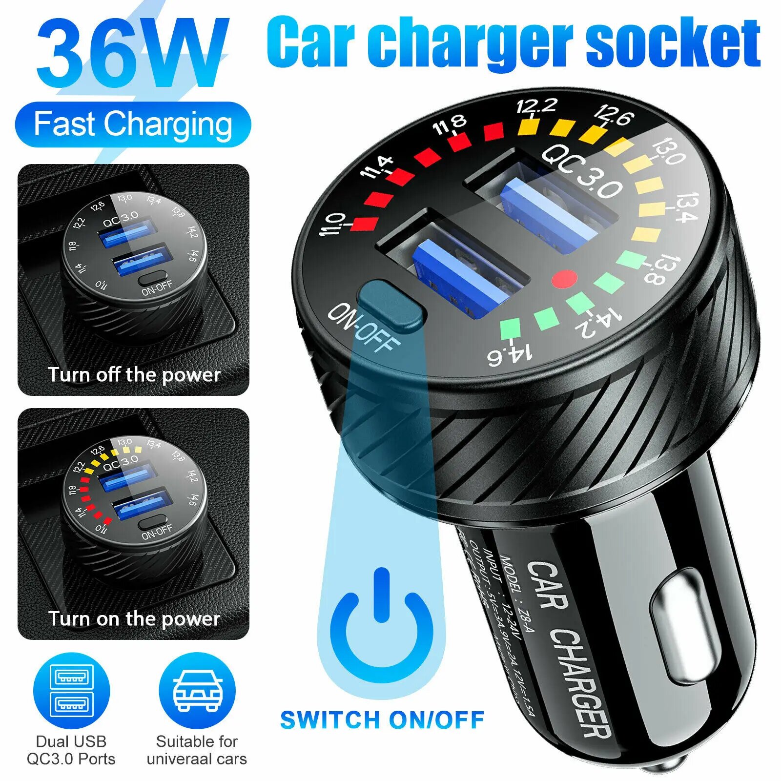 Автомобильное зарядное устройство QC 3,0 с двумя USB-портами, 12 В, 24 В, водонепроницаемое зарядное устройство 18 Вт для быстрой зарядки, светодиодный вольтметр, переключатель вкл./выкл, адаптер для автомобильного зарядного устройства