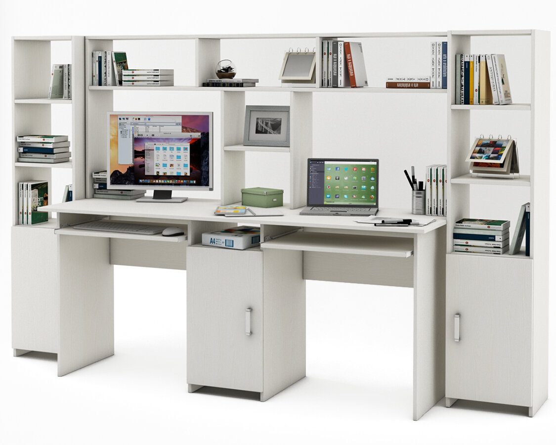 Стол письменный, компьютерный для школьника Лайт (Ньюкасл) 10К для двоих с надстройкой белое дерево