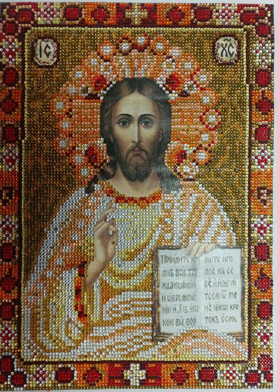 Алмазная мозаика без подрамника Мозаика J813 "Икона Господь Вседержатель", размер полотна 30*40, размер выкладки 24,5*35, частичная выкладка